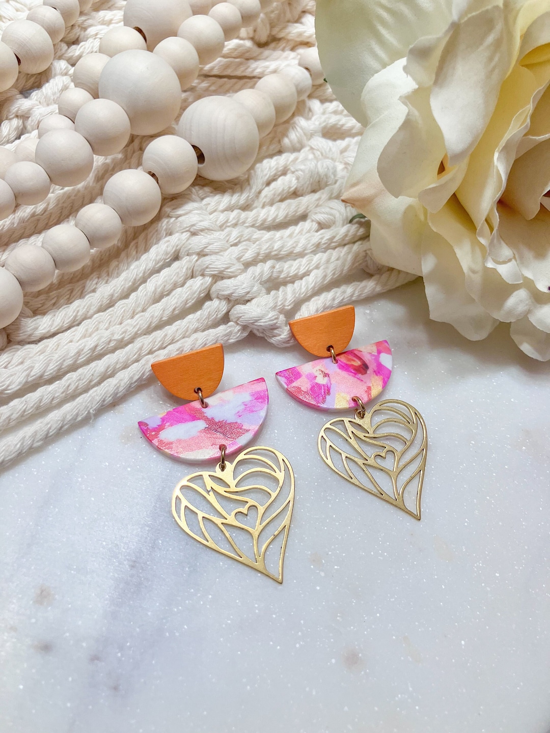 Colorful Geometric Dangle Drop Statement Earrings With Gold Brass Heart Geometric Earrings ...