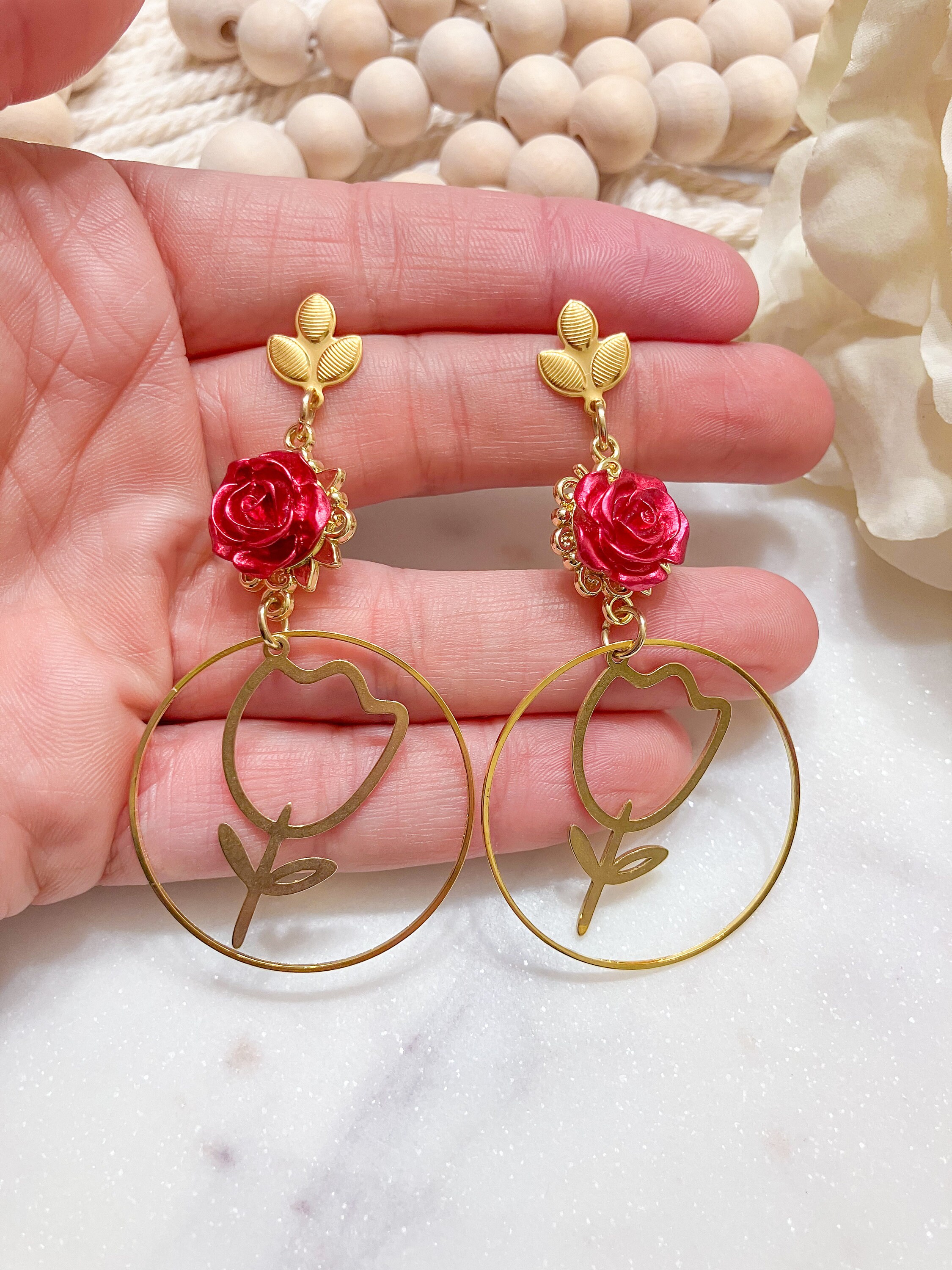 Red Rose Floral Dangle Earrings | Gold Brass Flower Statement Earrings ...