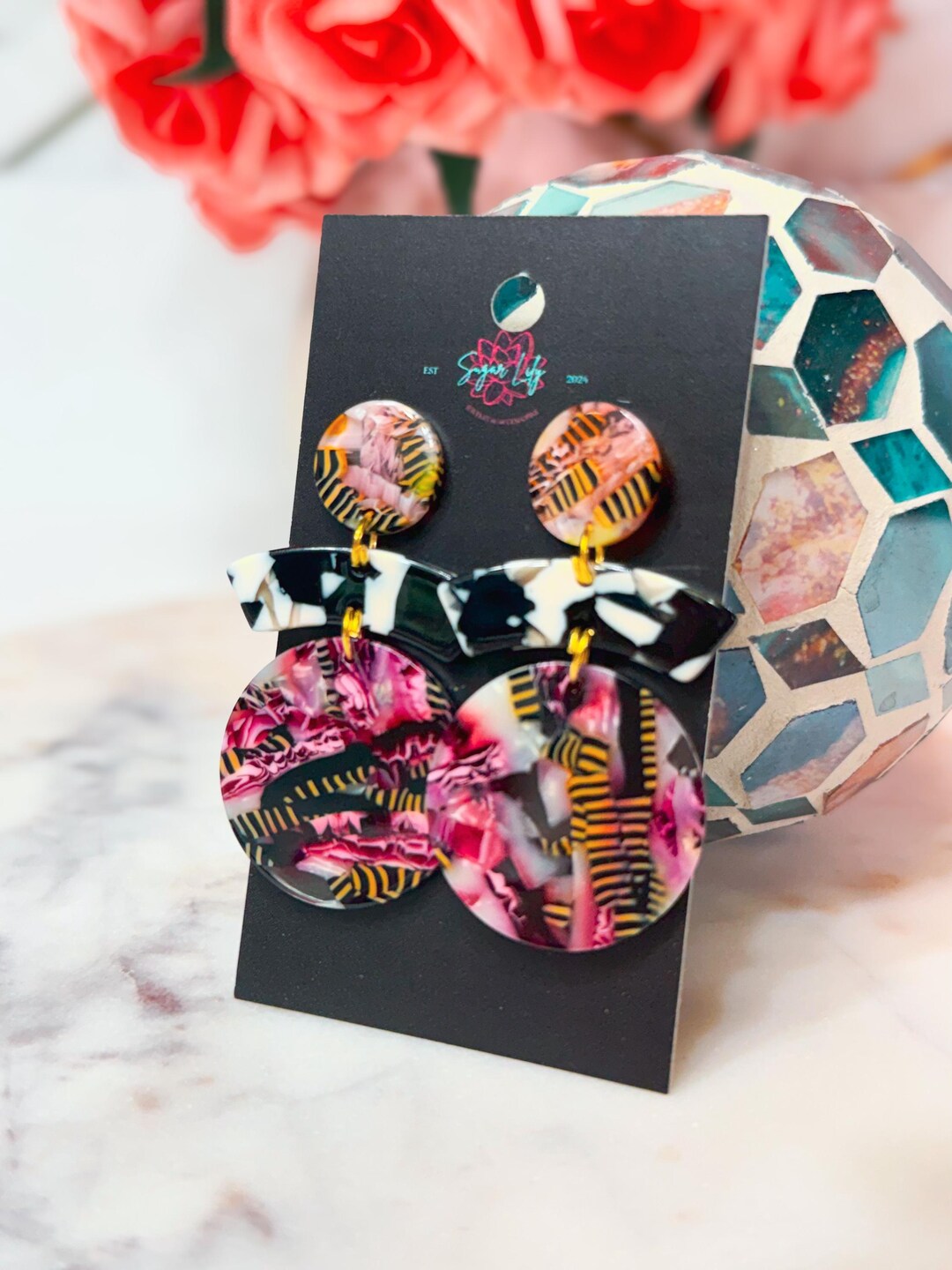 Abstract Colorful Modern Geometric Round Statement Dangle Earrings ...
