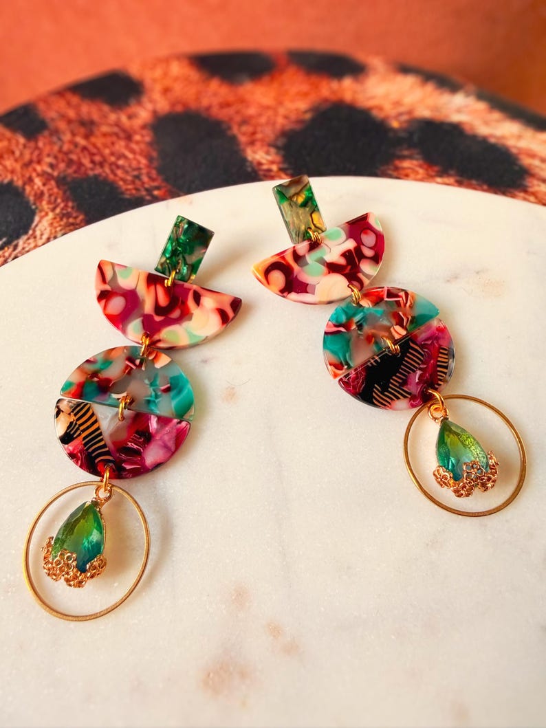 Colorful Abstract Geometric Statement Dangle Earrings With Green ...