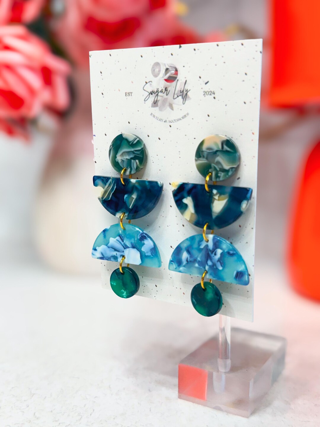 Teal Blue Abstract Geometric Lightweight Dangle Statement Earrings ...