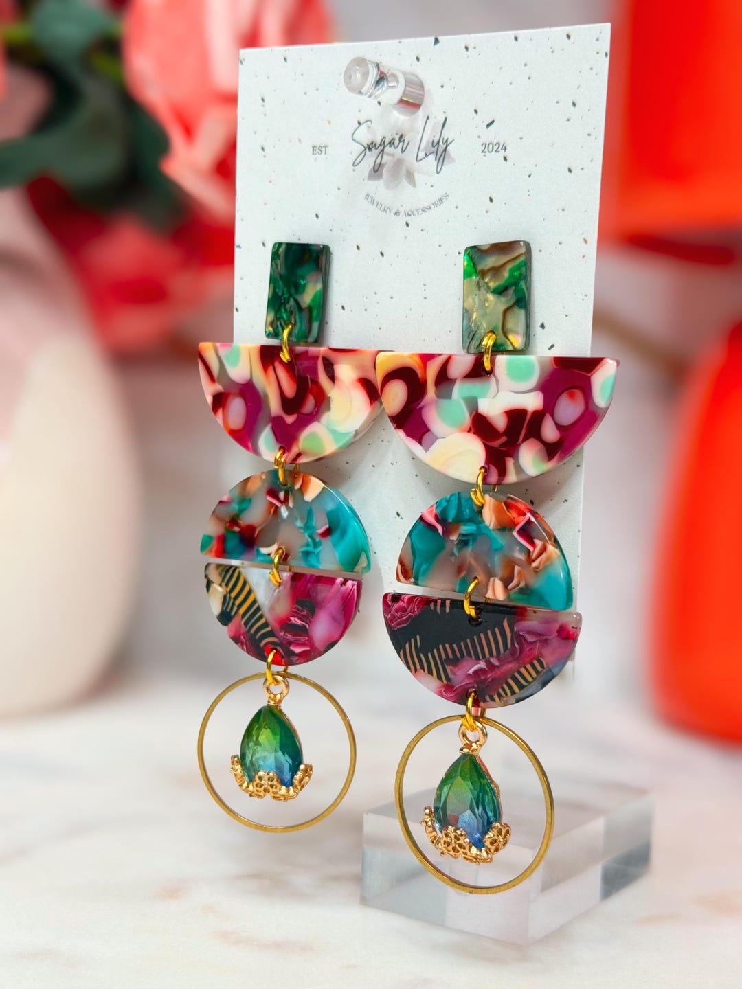 Colorful Abstract Geometric Statement Dangle Earrings With Green ...