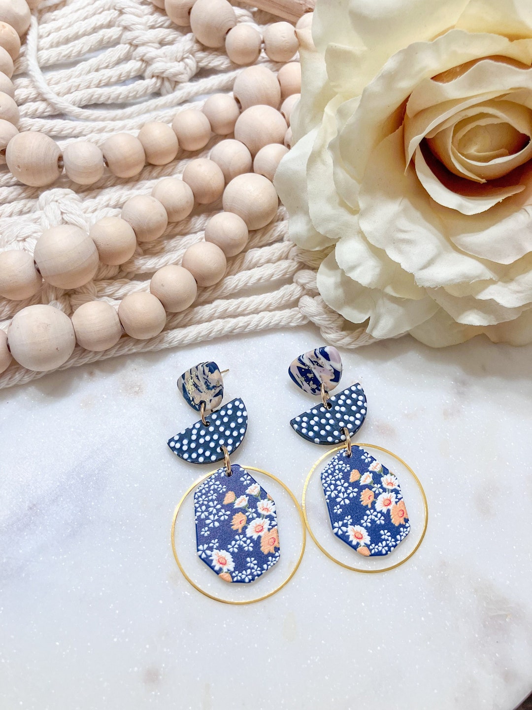Navy Blue Floral Acrylic Dangle Drop Earrings | Mixed Print Polka Dot Colorful Statement ...