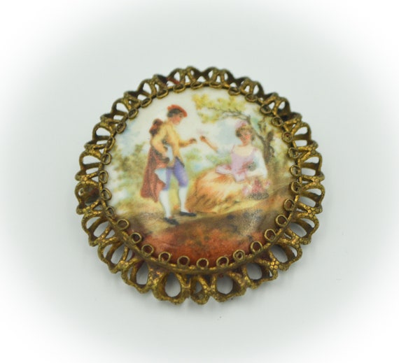 Antique Porcelain Hand Painted Courtship Brooch, Vict… - Gem