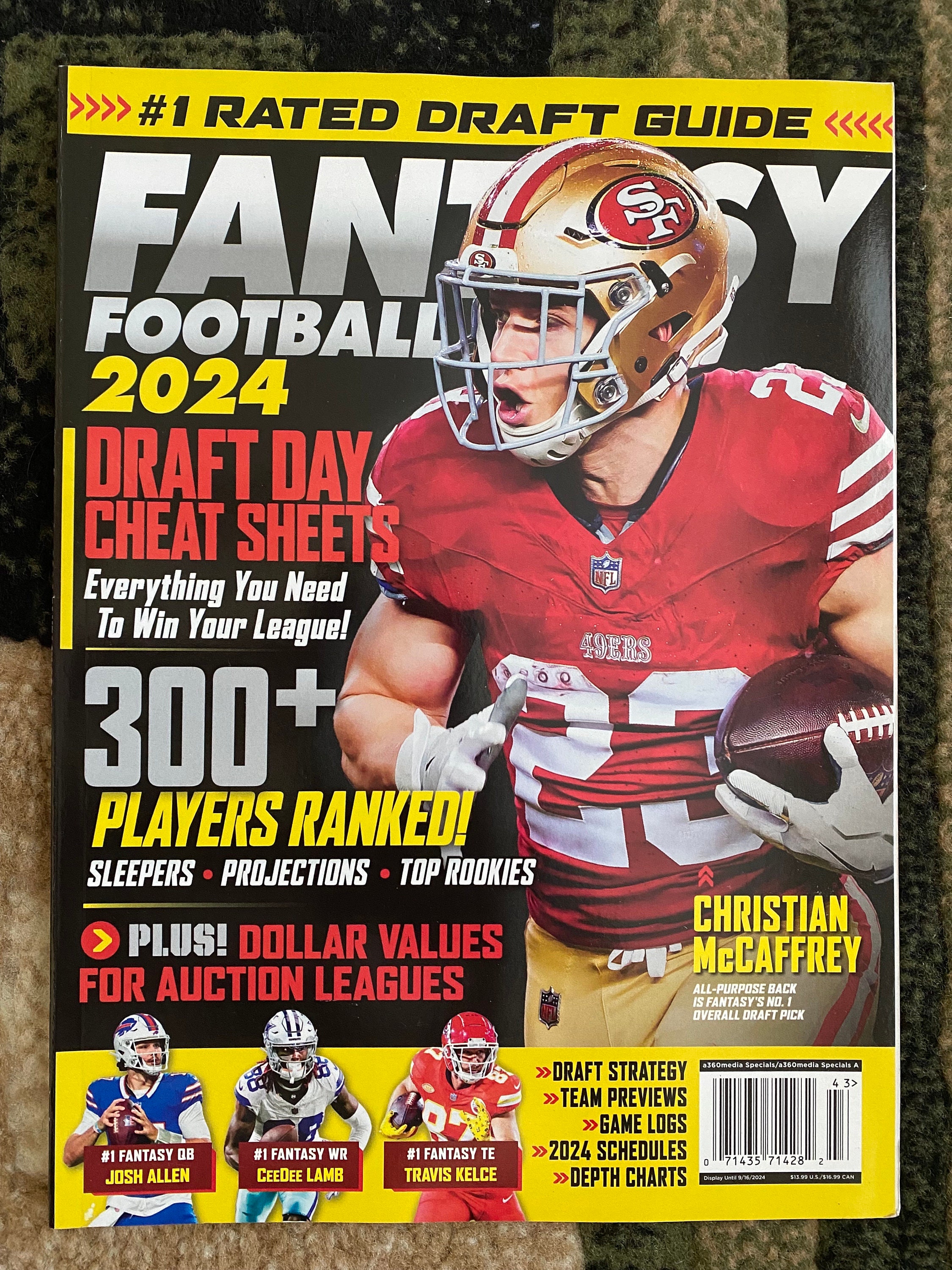 2024 FANTASY FOOTBALL Guide Draft Day Cheat Sheet Christian Mccaffrey ...