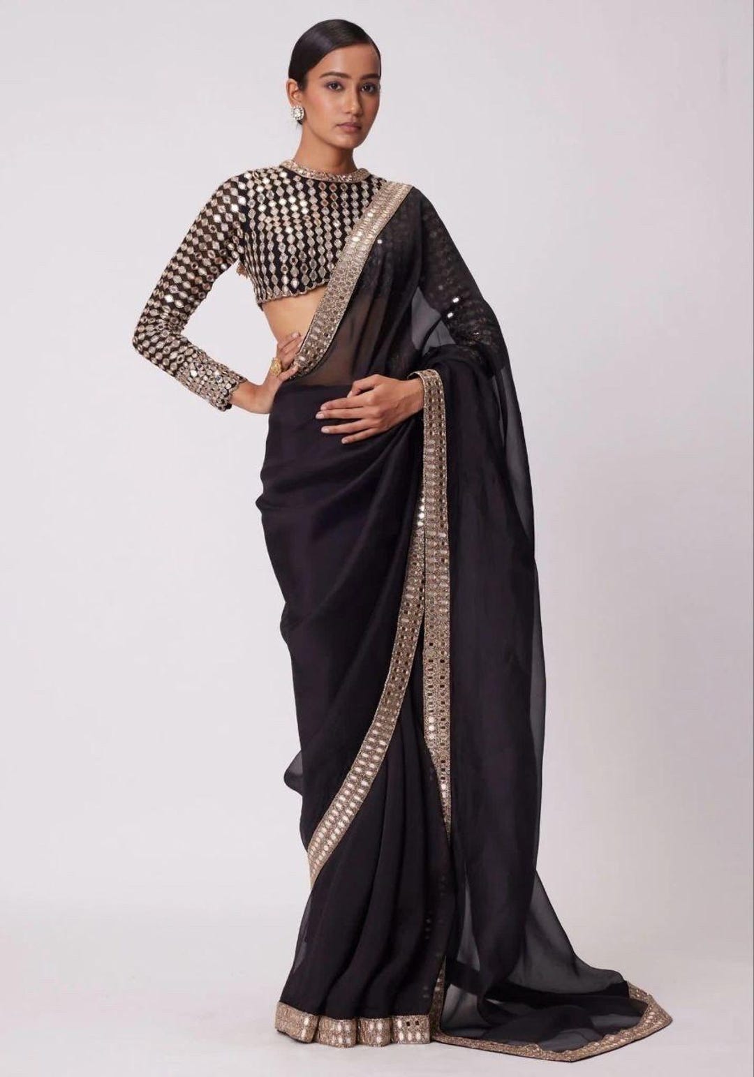 Black Mirror Work Saree for Women, Indian Wedding Reception Cocktail ...