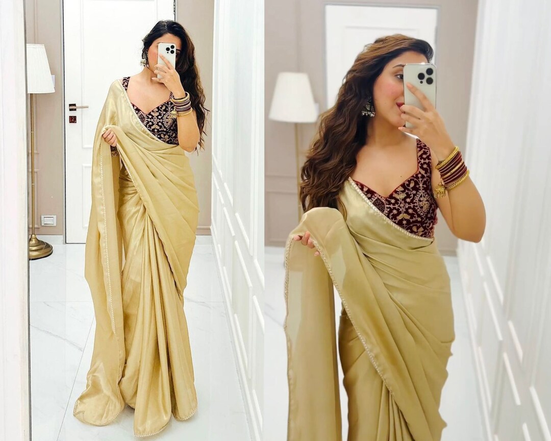 Gold Satin Saree With Gold Sequence Border Designer Saree - Etsy