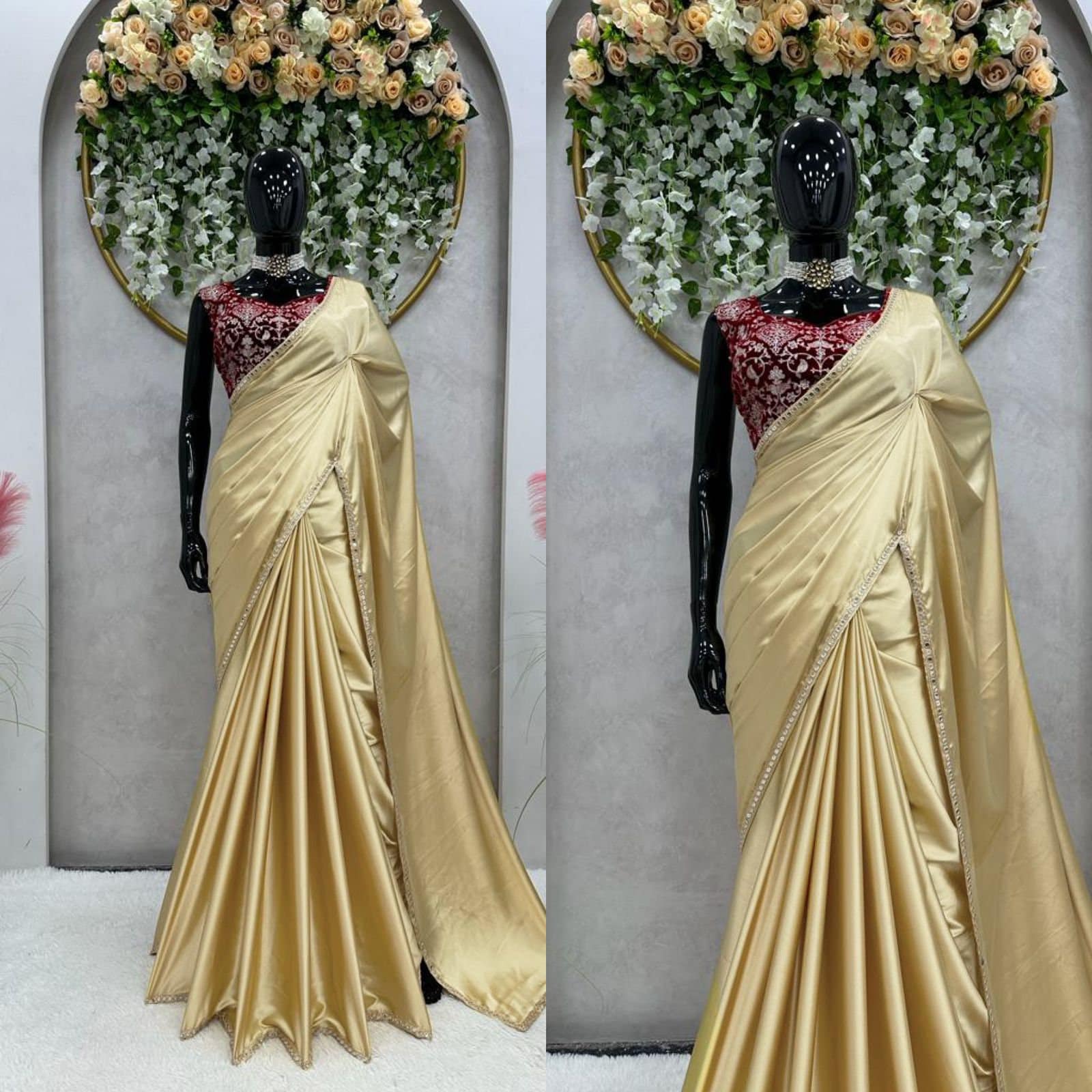 Gold Satin Saree With Gold Sequence Border Designer Saree - Etsy