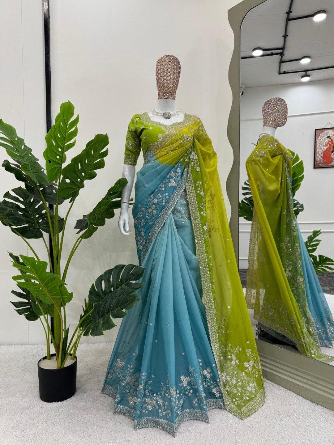 Green Blue Saree With Embroidery Work Indian Wedding Reception Party ...