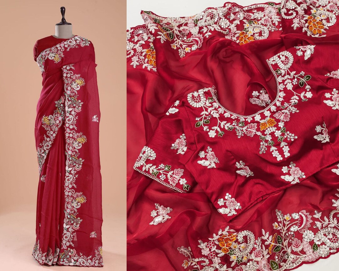 Red Indian Saree With Embroidery Work, Wedding Saree, Party Wear Saree ...