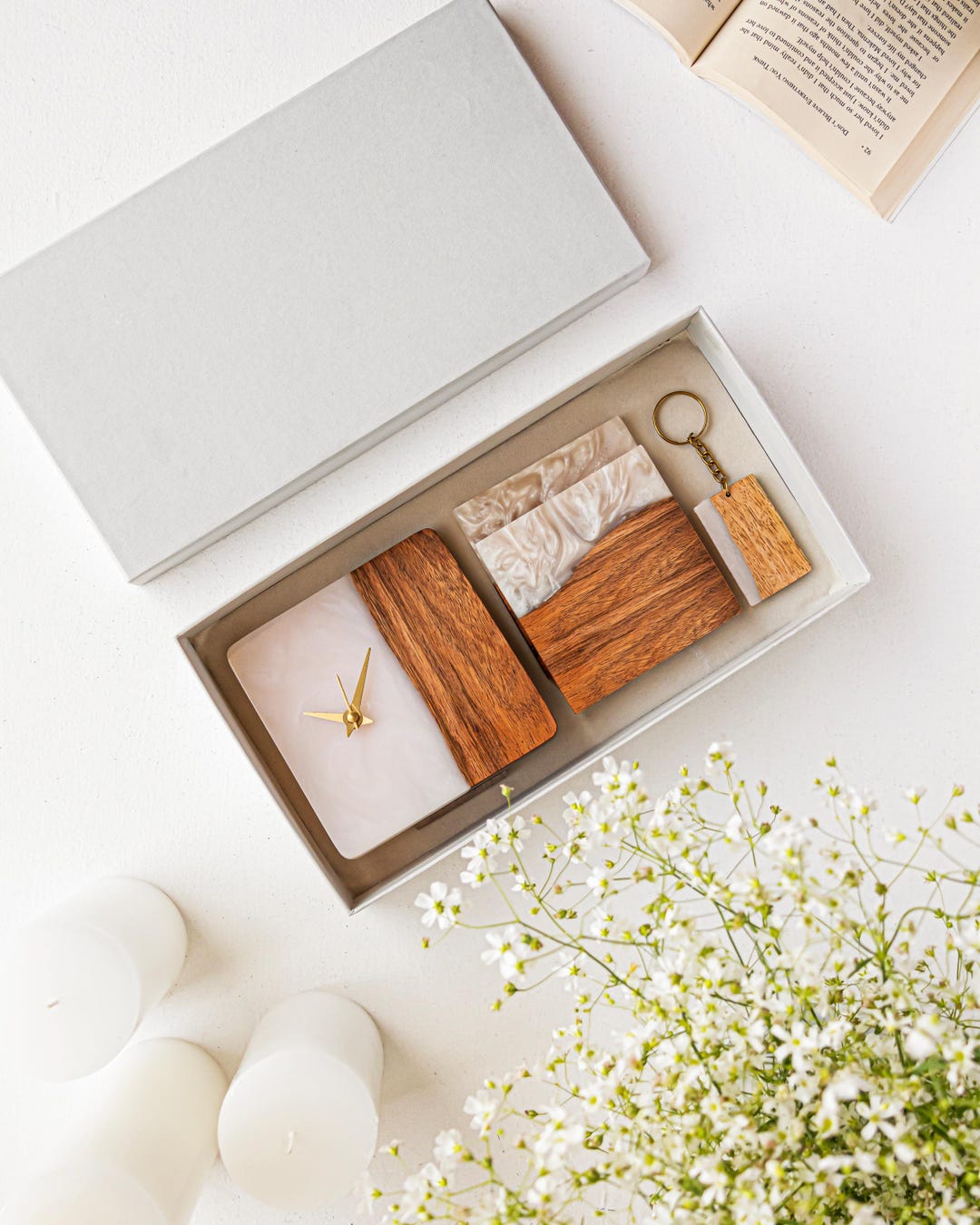 Office Desk Gift Set - Wood-epoxy Table Clock, Coasters (set of 2 ...