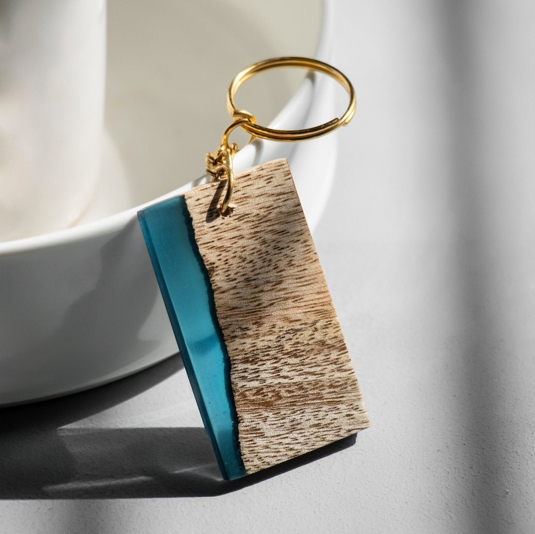 Blue Wood & Epoxy Keychain Bag Charm Aesthetic Keyring - Etsy