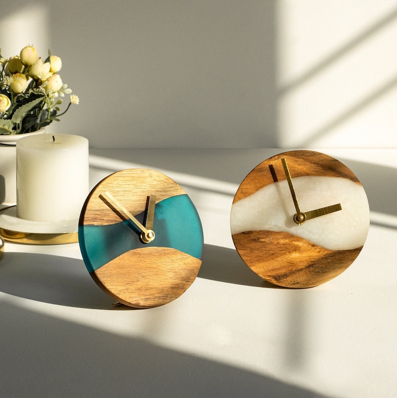 Live-edge Wood Epoxy Table Clock , Modern Office Desk Clock, Graduation ...