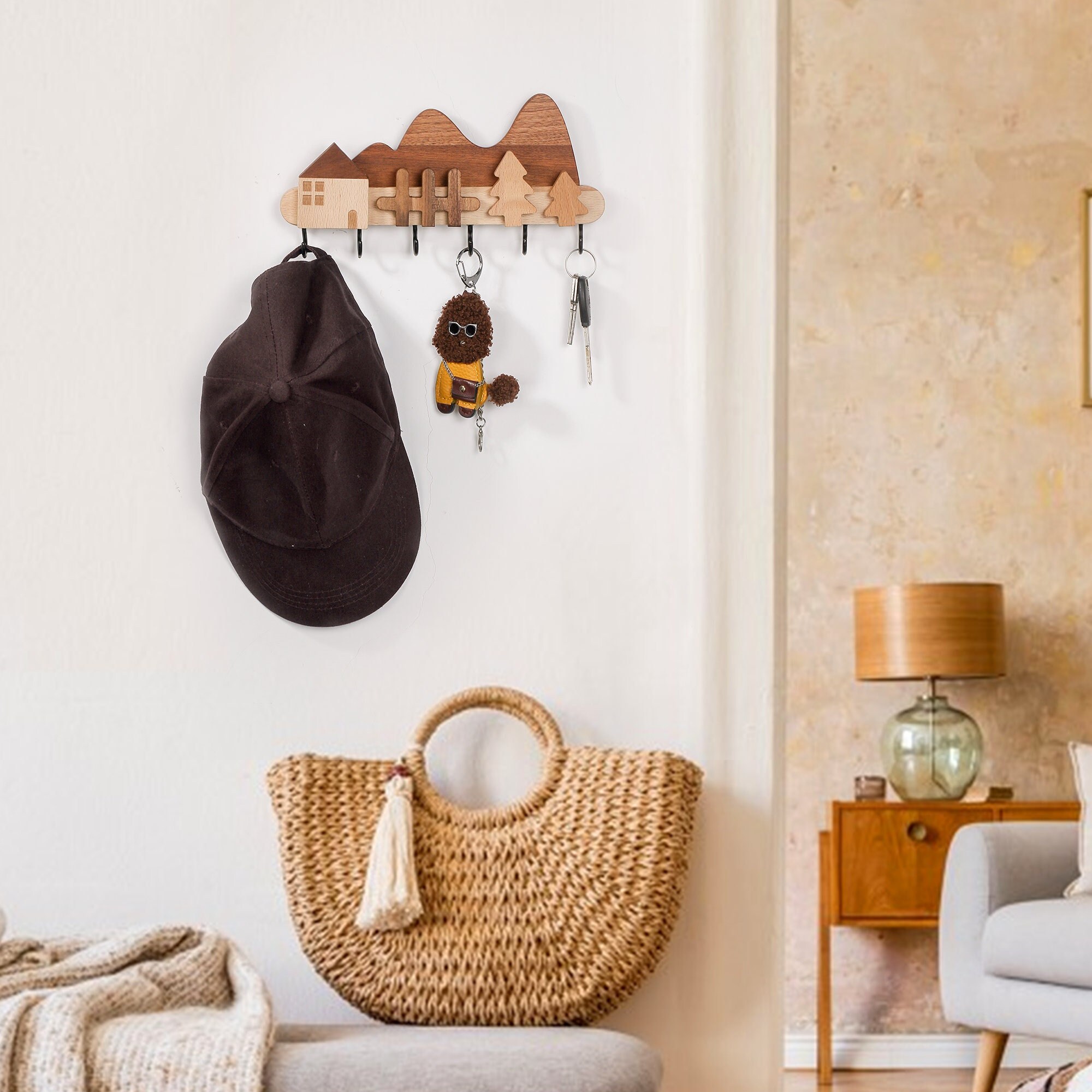 Wall Mounted Key Hook, Wooden Key Holder for Wall, Cute Entryway ...