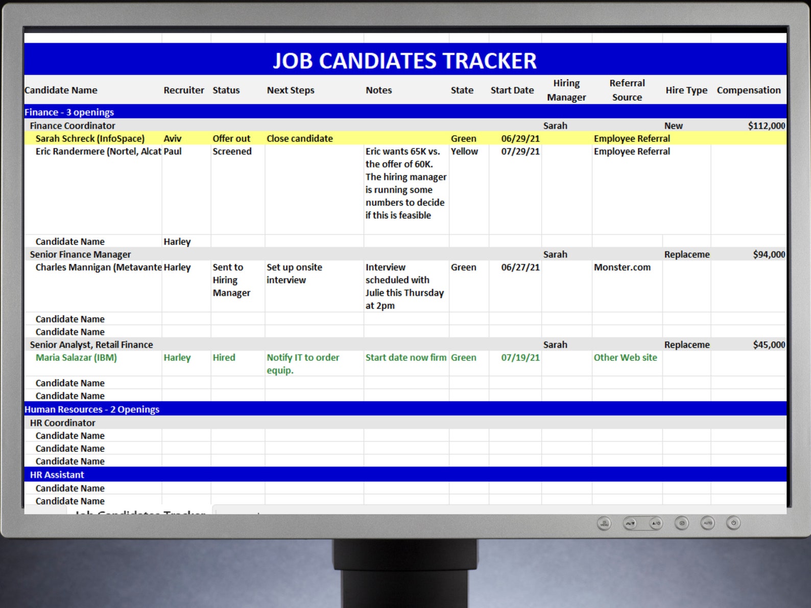 Job Candidates Tracker Editable Excel Template Multiple Position ...