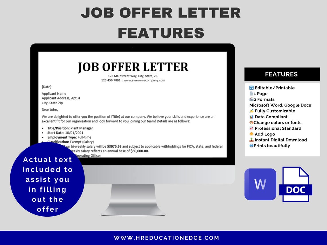 Job Offer Letter Template: Editable Employee Contract (MS Word, Google ...