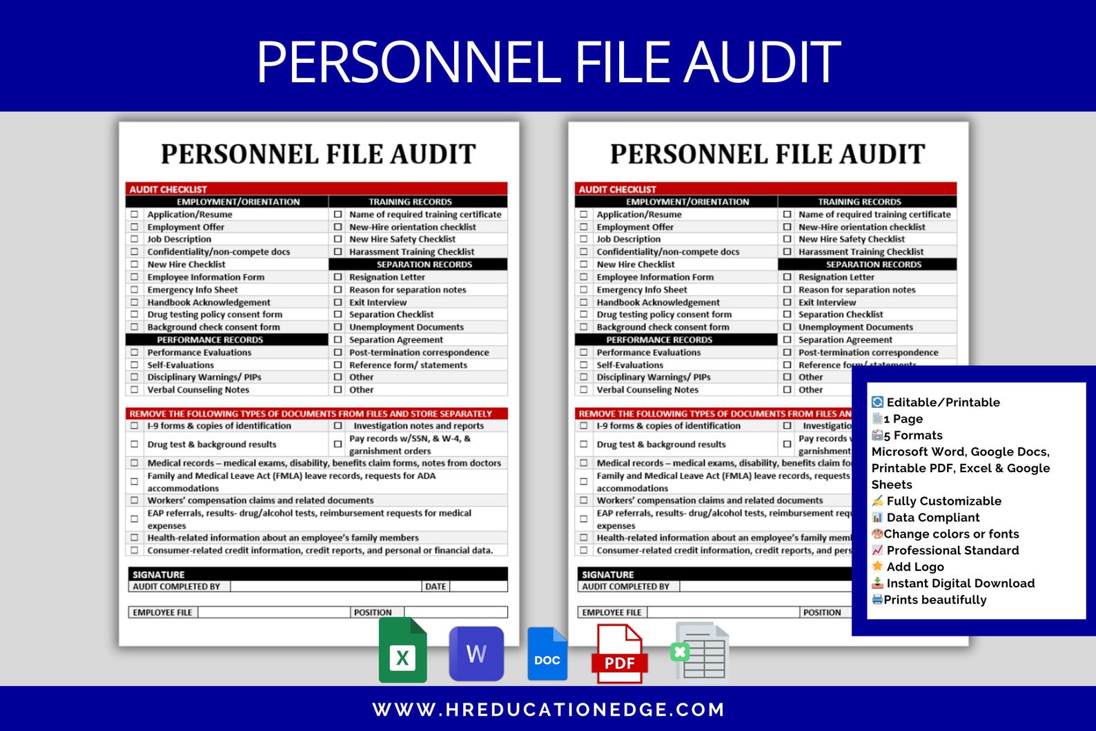 Personnel File Audit Checklist: HR Compliance Template (word, Excel ...