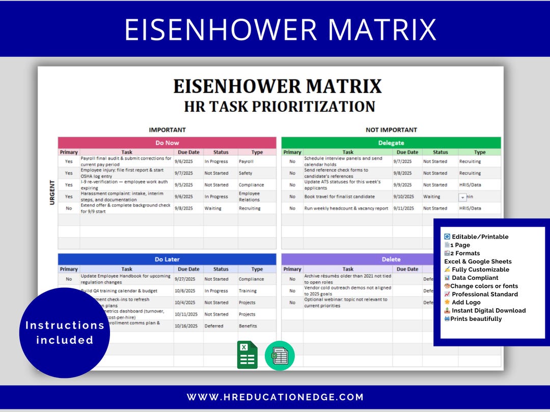 Eisenhower Matrix HR Prioritization Template | Excel & Google Sheets ...