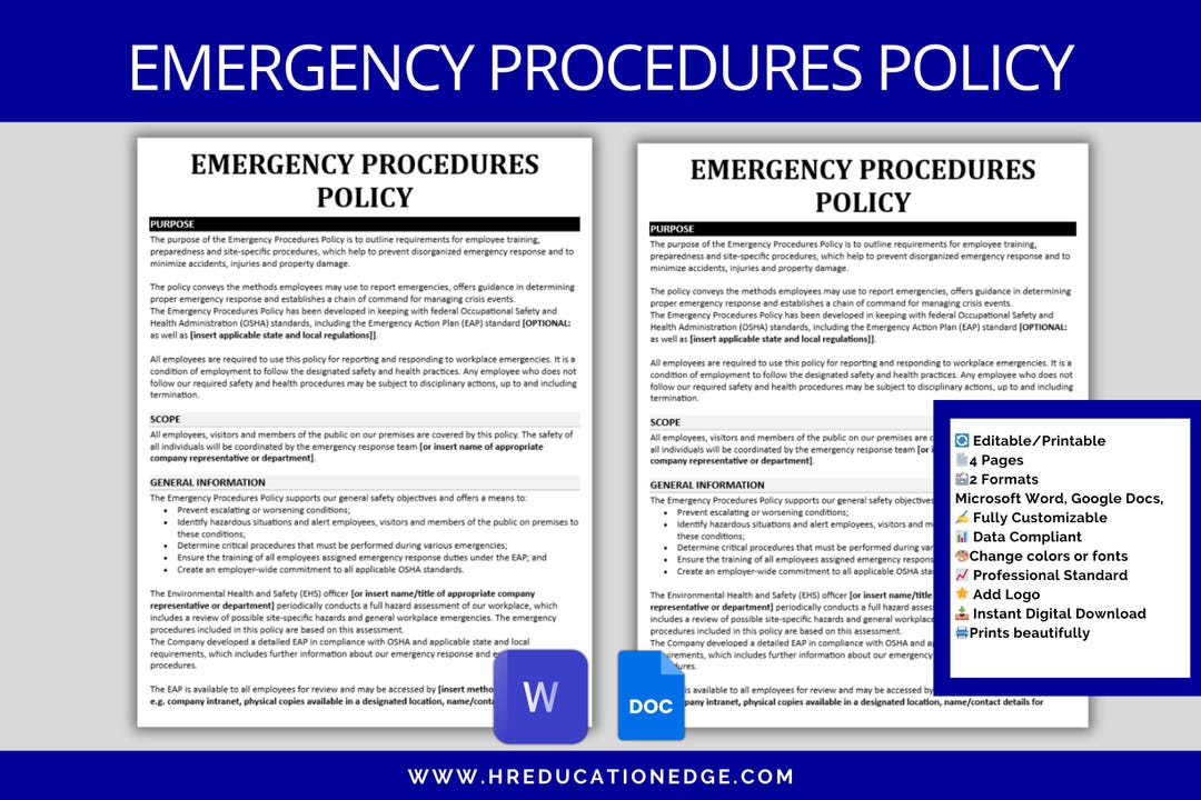 Emergency Procedures Policy: Workplace Safety, OSHA Compliance (digital ...