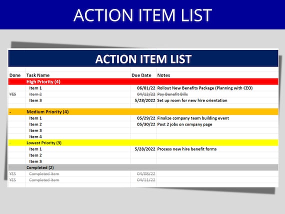 Action Item Excel Template