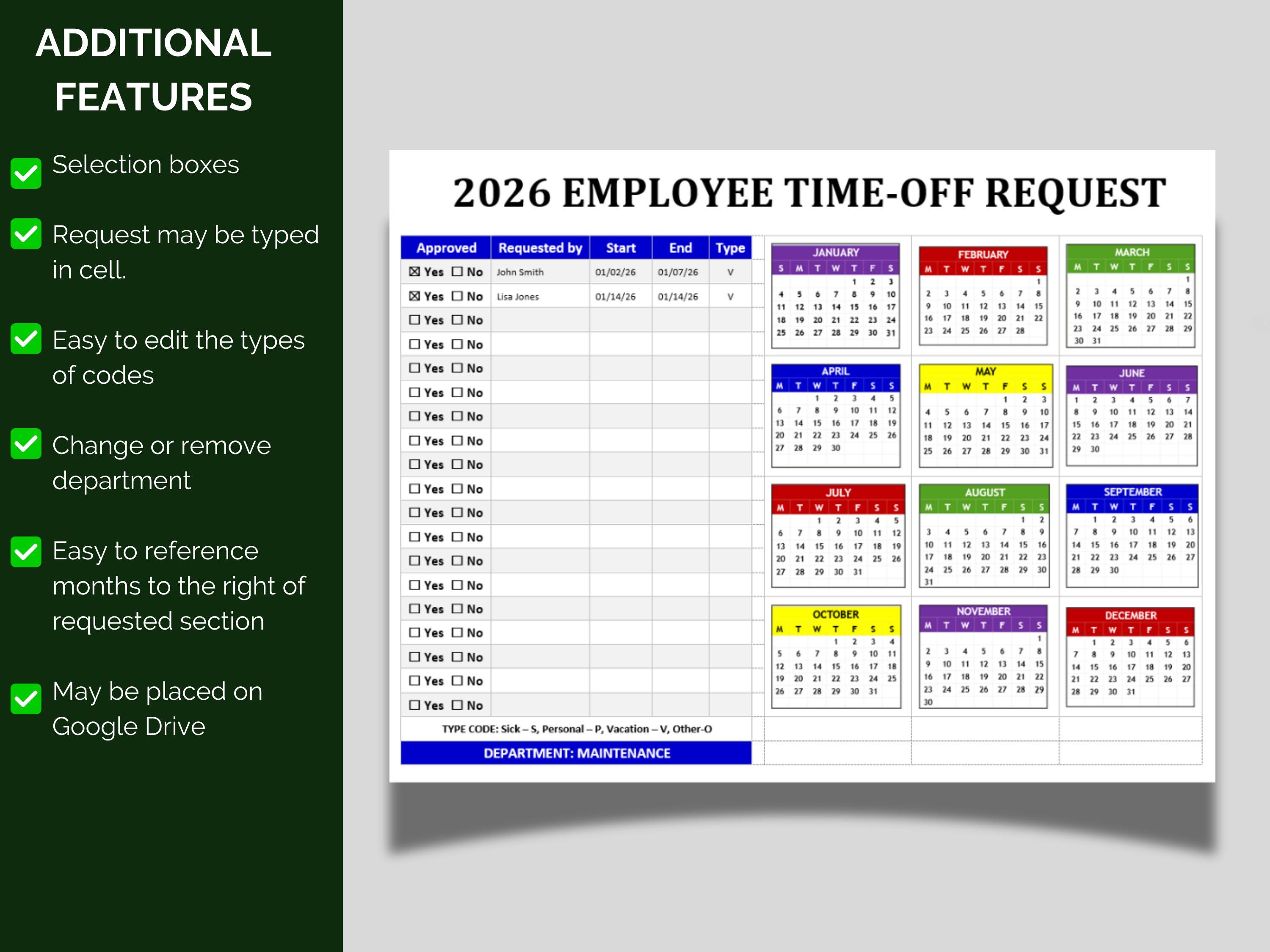 2026 Employee Time off Calendar: HR Leave Planner (digital Download ...