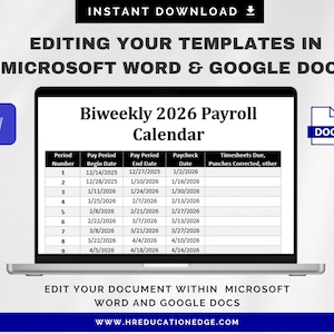 2026 Biweekly Payroll Calendar: Excel, Word, Google Docs & PDF - Etsy
