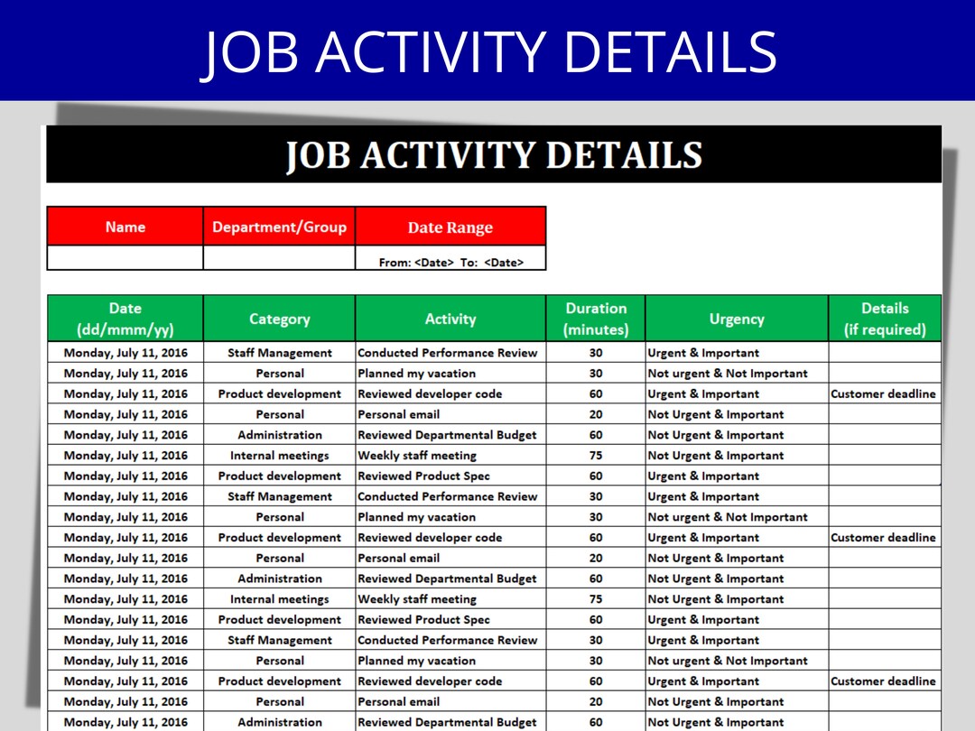 Employee Daily Tasks HR Job Activity Log Editable MS Excel Document ...