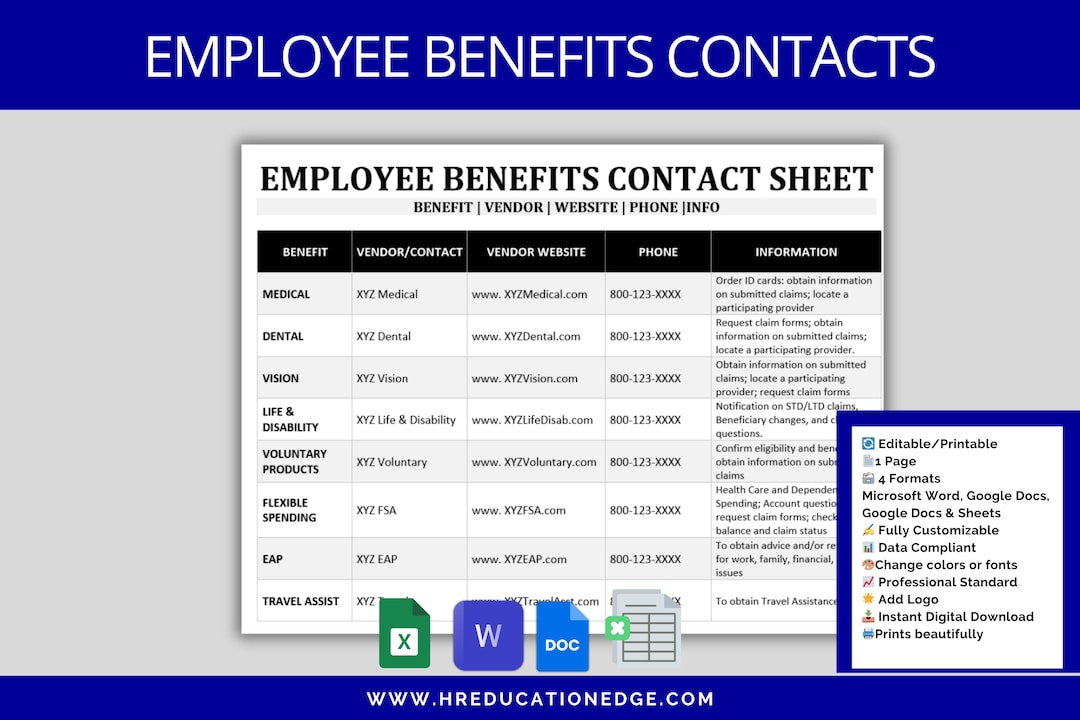 Benefits Contact Sheet | Employee HR Templates | HR Forms and Documents ...