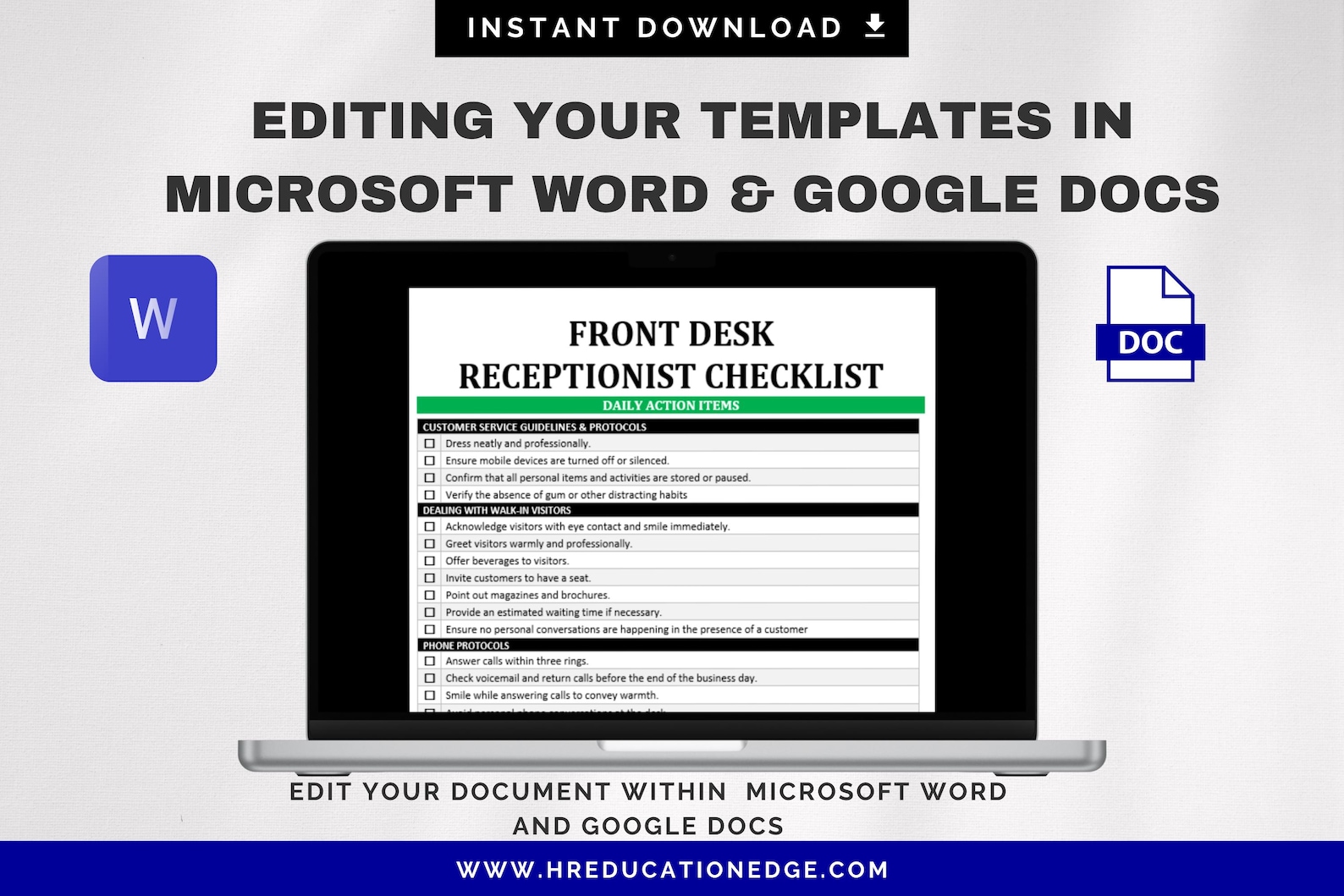 Receptionist Training Checklist: Front Desk Customer Service (word ...
