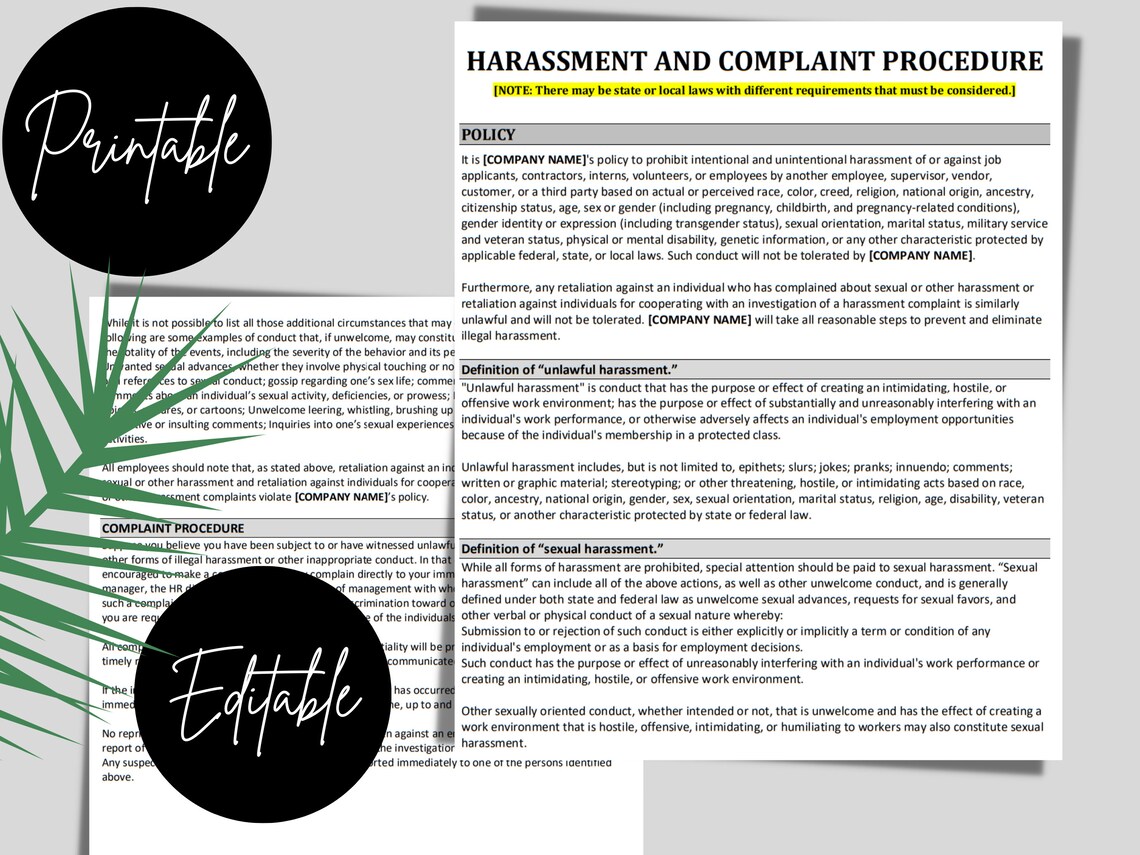 Harassment & Complaint Policy Template: MS Editable Word | HR ...