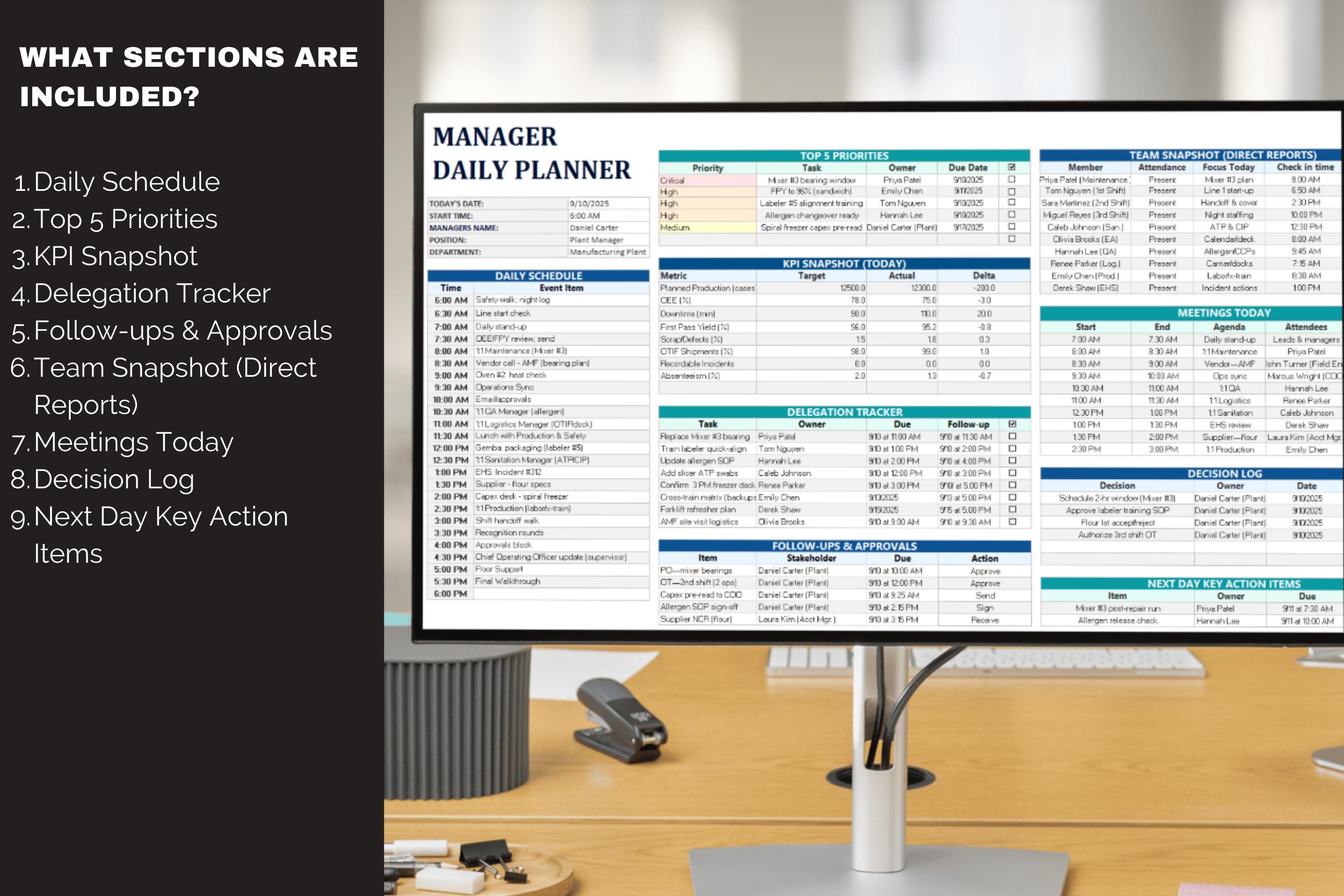 Supervisor Planner: Daily Schedule, Meeting & KPI Tracker (excel ...
