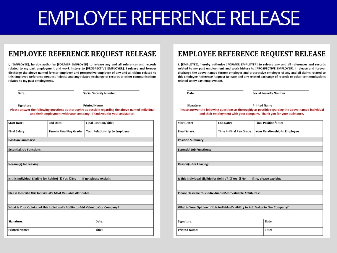 Employee Reference Request Release HR Template MS Word Editable Form - Etsy