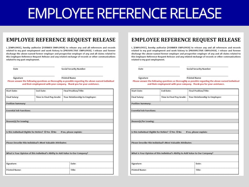 Employee Reference Request Release HR Template MS Word Editable Form - Etsy