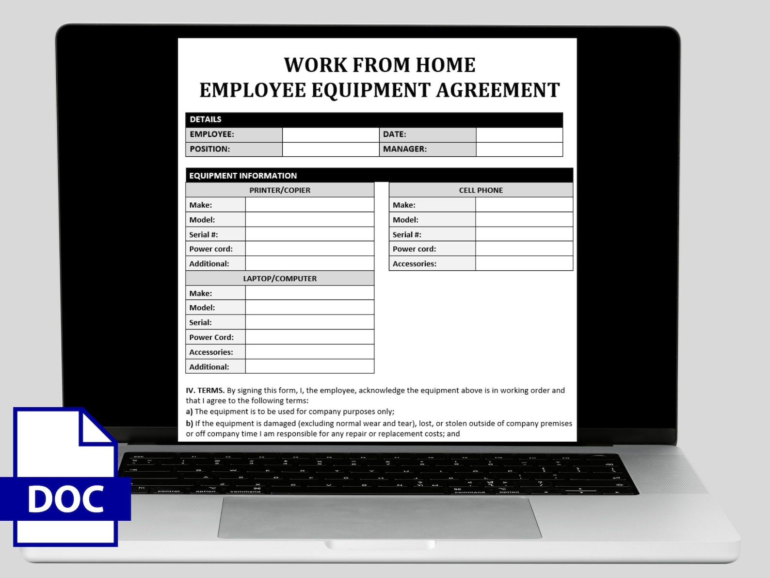Employee Equipment Agreement Template: Editable HR Form (digital ...