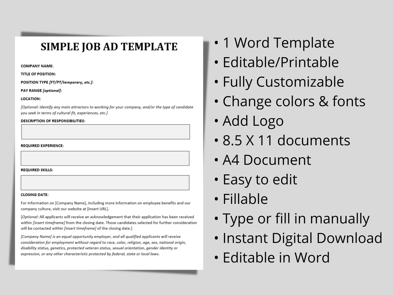 Simple Job Ad Template: Editable MS Word | Easy Hiring Solutions - Etsy