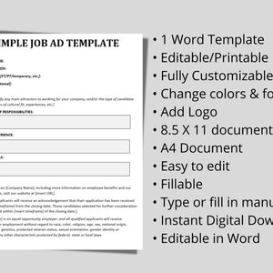 Simple Job Ad Template: Editable MS Word | Easy Hiring Solutions - Etsy