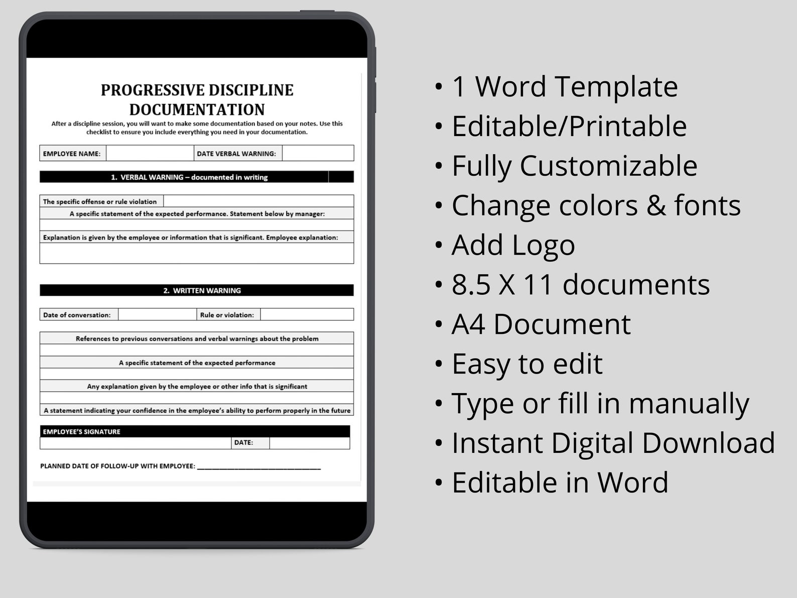 Progressive Discipline Documentation: Employee Write up MS Editable ...