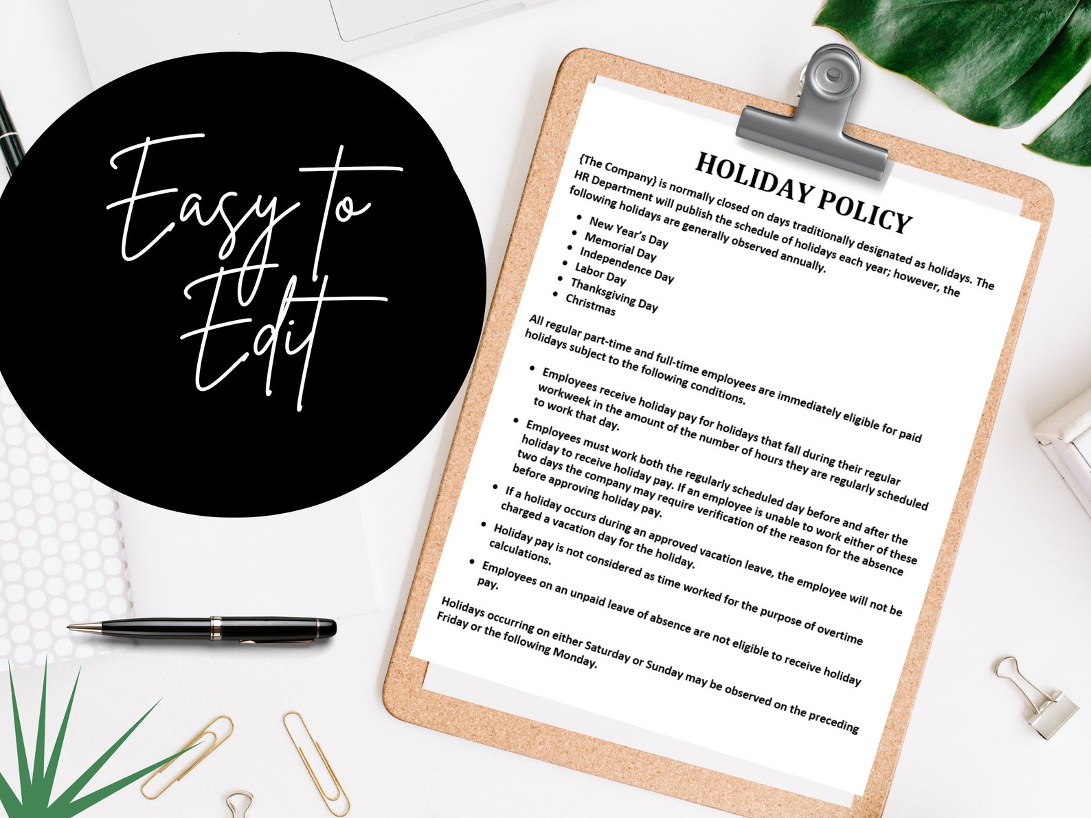 Holiday Policy Template Editable HR Form Human Resource Form Employee ...