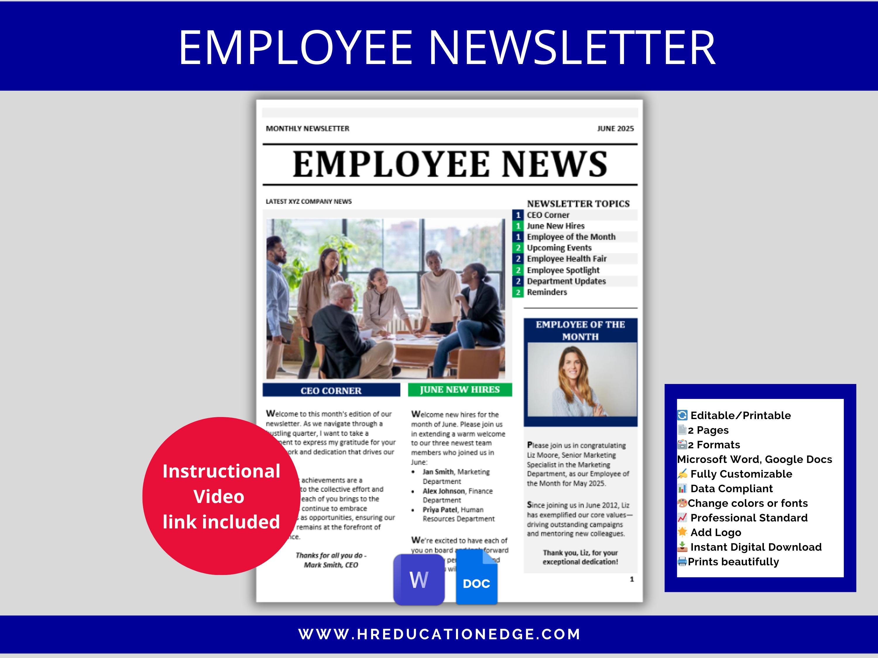 Company Newsletter Template: Employee News, Events (word & Google Docs ...