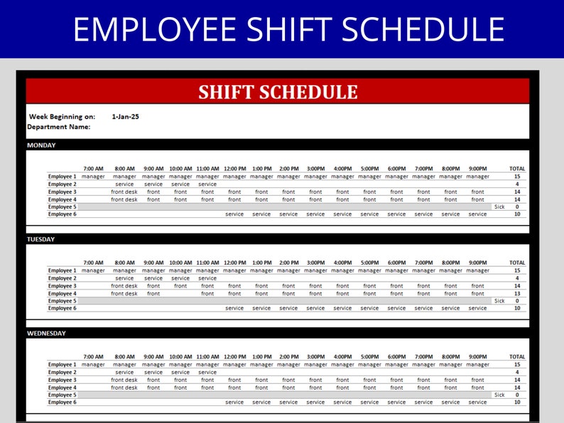 Employee Shift Schedule Template: Printable Excel Planner - Etsy