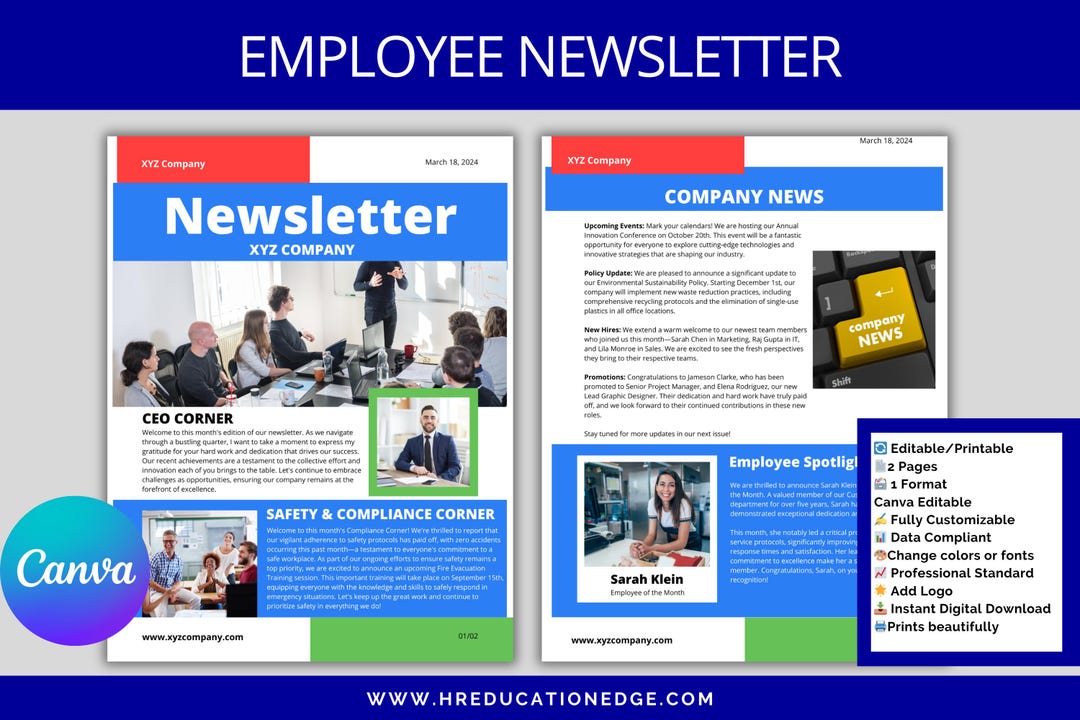 Editable Company Newsletter Template: Employee News in Canva Template ...