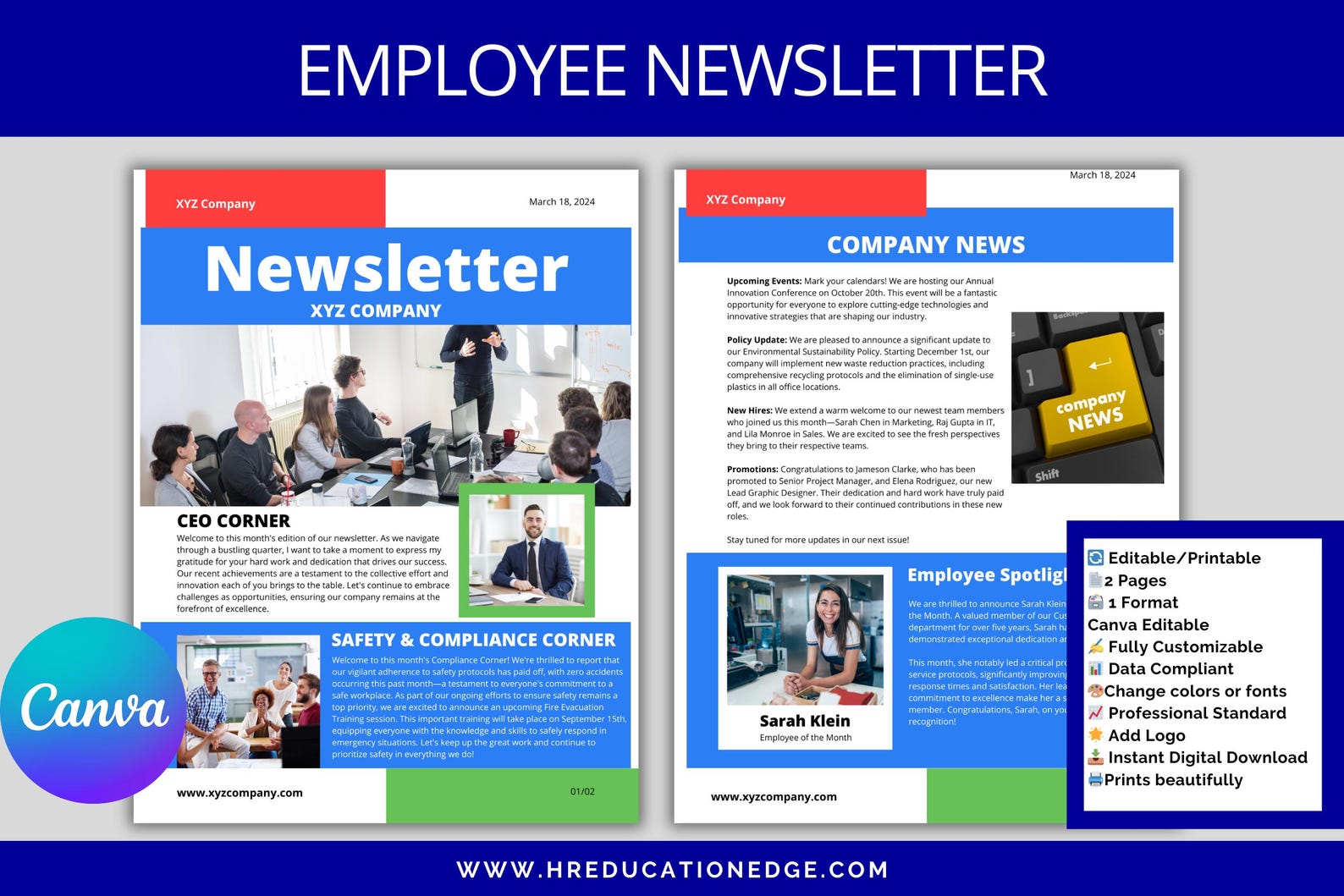 Editable Company Newsletter Template: Employee News in Canva Template ...