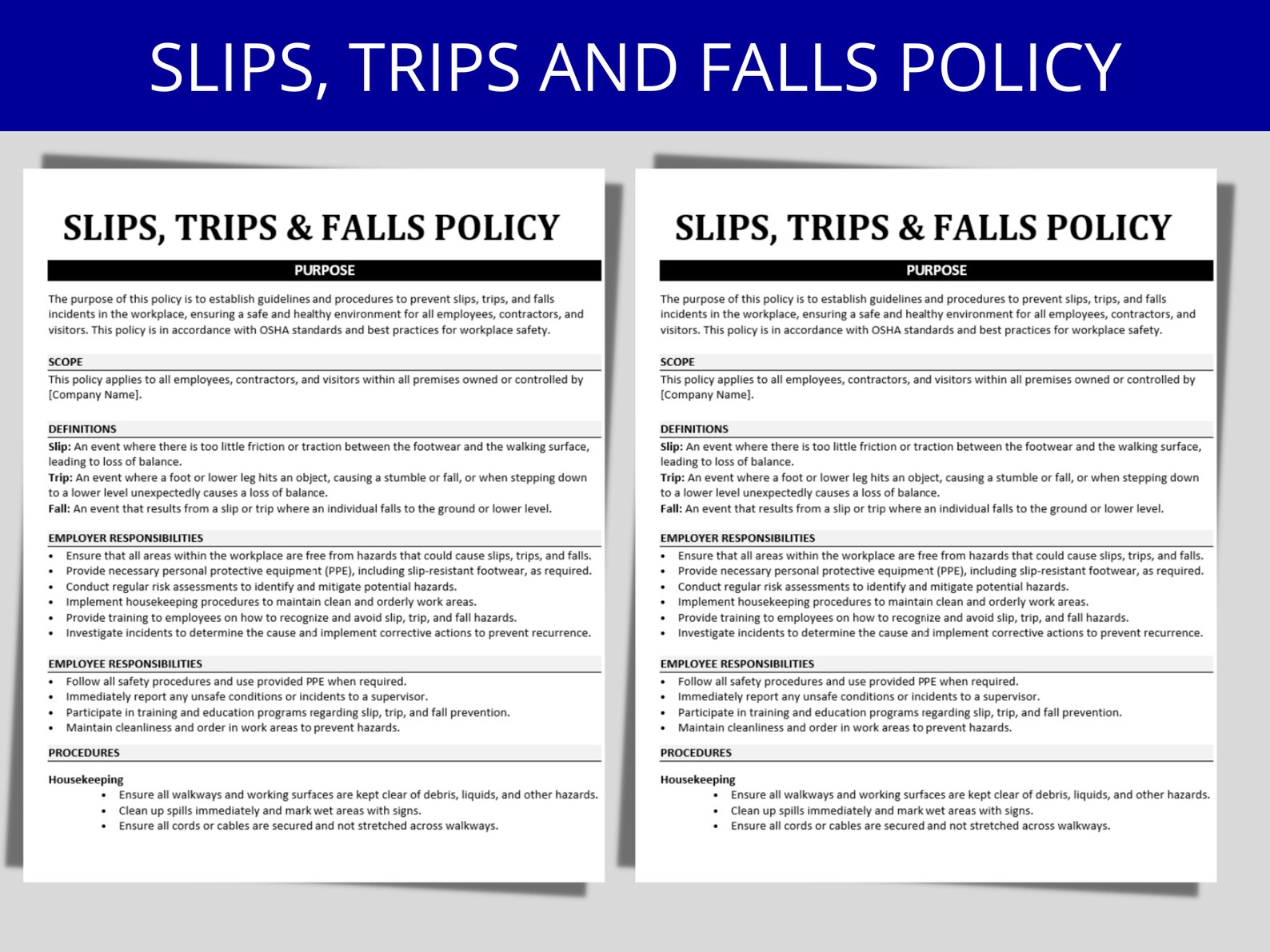 Slips, Trips, and Falls Policy Template: OSHA Workplace Safety (digital ...