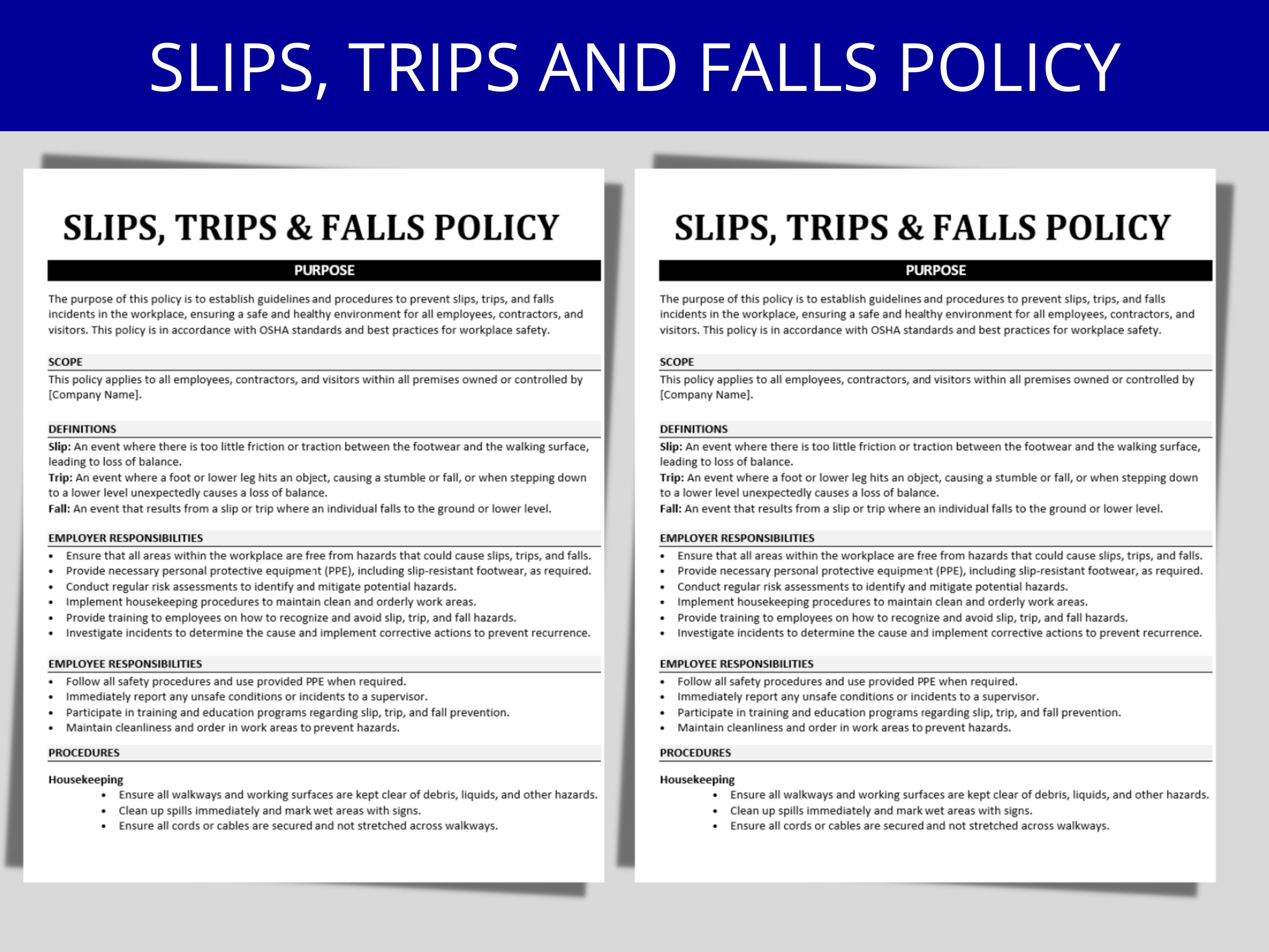 Slips, Trips, and Falls Policy Template: OSHA Workplace Safety (digital ...