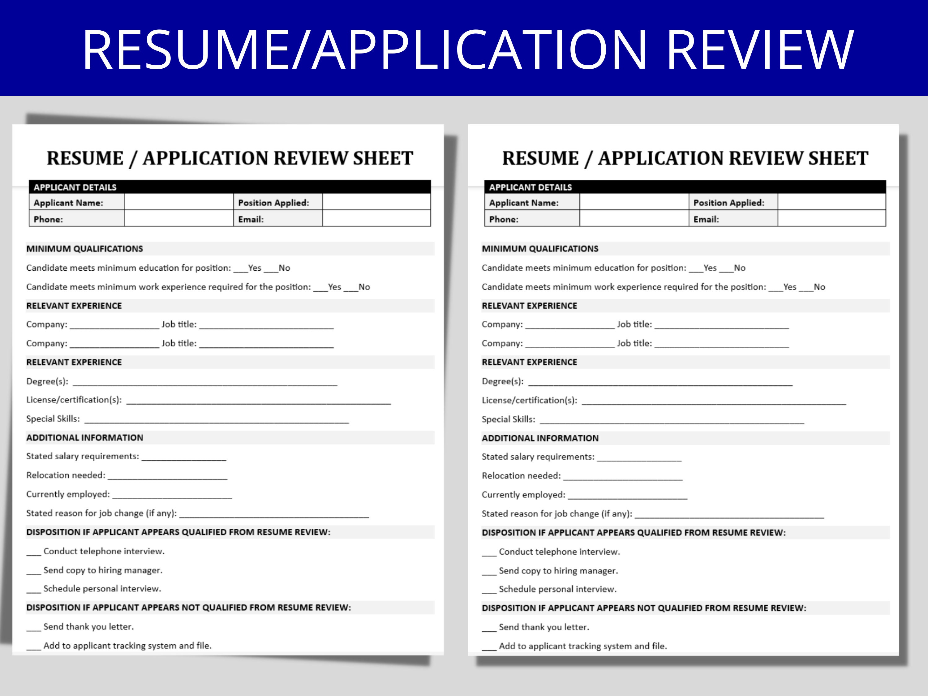 Employee Application Resume Review Form: HR Template (digital Download ...