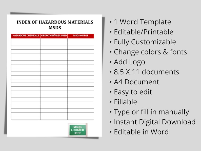 Comprehensive Safety Templates: Index of Hazardous Materials | Editable ...