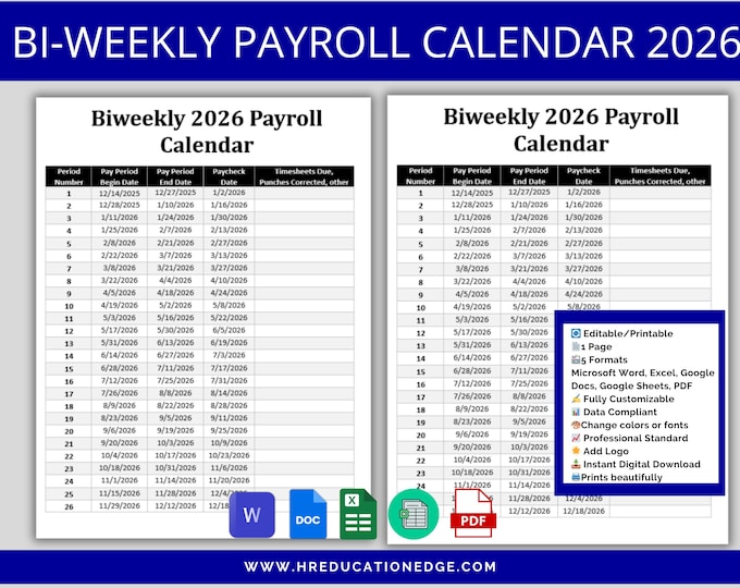 Biweekly Payroll Calendar 2026 | MS Editable Word, | Pay Period Start ...