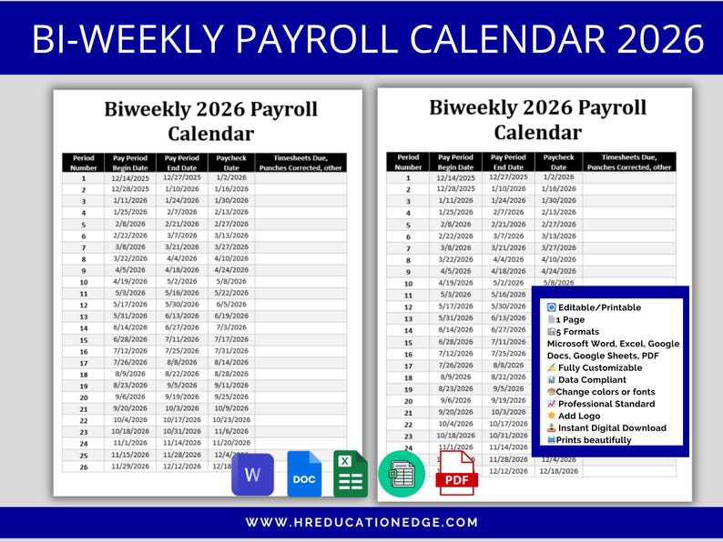 2026 Biweekly Payroll Calendar: Excel, Word, Google Docs & PDF - Etsy
