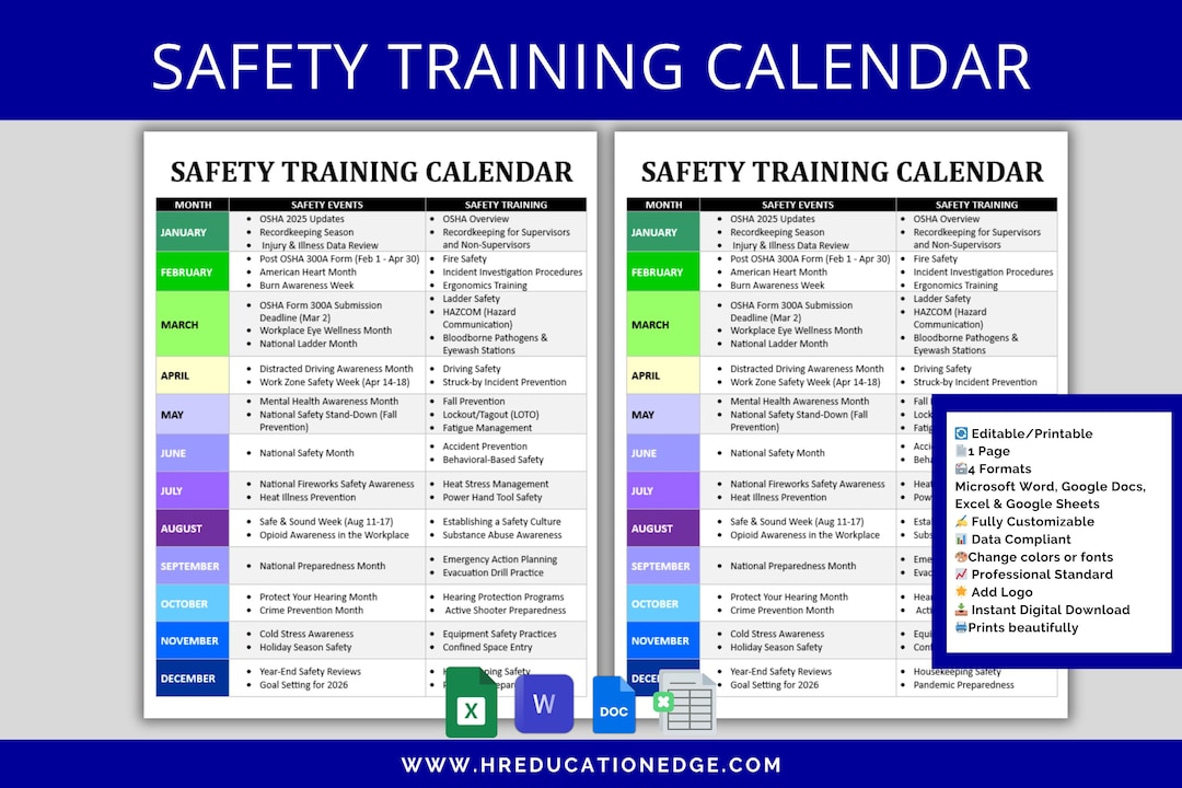 Workplace Safety Training Calendar: OSHA Compliance (digital Download ...