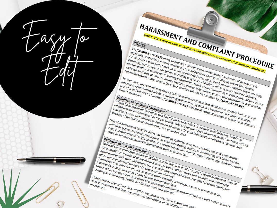 Harassment & Complaint Policy Template: MS Editable Word | HR ...